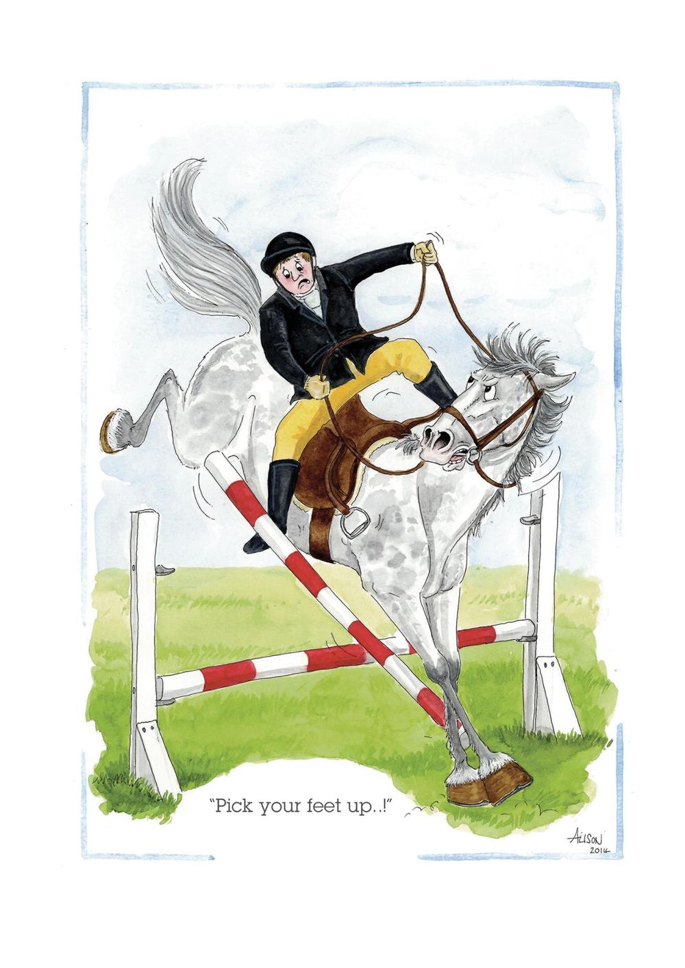 Horse Jumping Pick Your Feet Up Alison s Animals Cartoon Greeting Card horse-jumping-pick-your-feet-up-alison-s-animals-cartoon-greeting-card